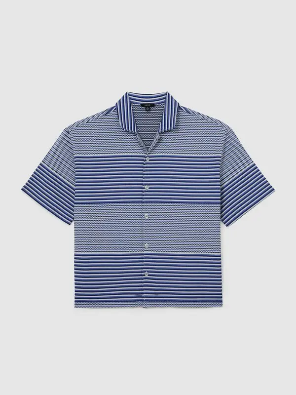 REISS Solstice Striped Cuban-collar Shirt With Cotton - Bright Blue