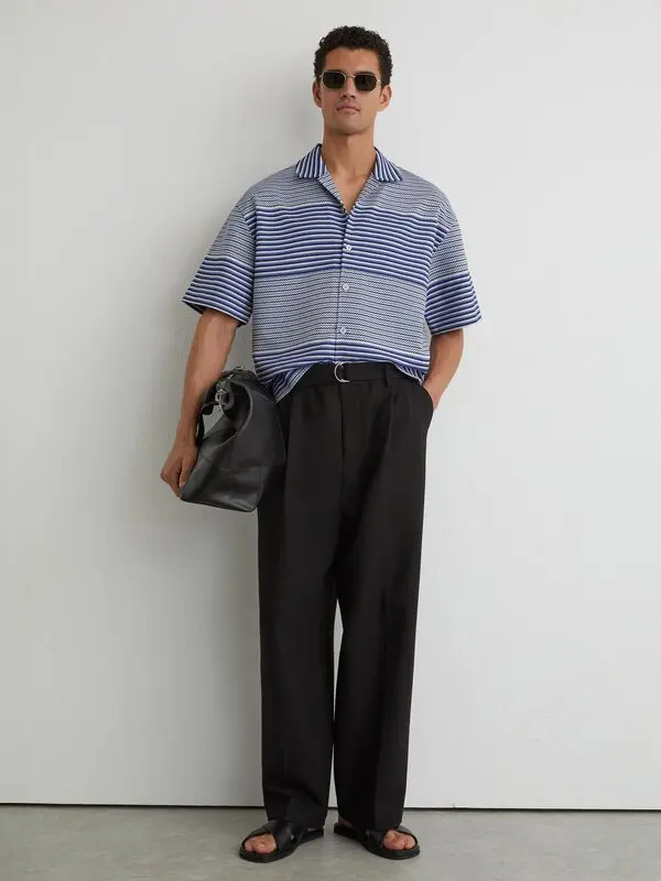 REISS Solstice Striped Cuban-collar Shirt With Cotton - Bright Blue