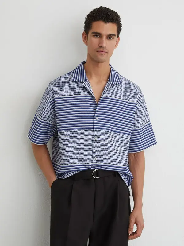 REISS Solstice Striped Cuban-collar Shirt With Cotton - Bright Blue