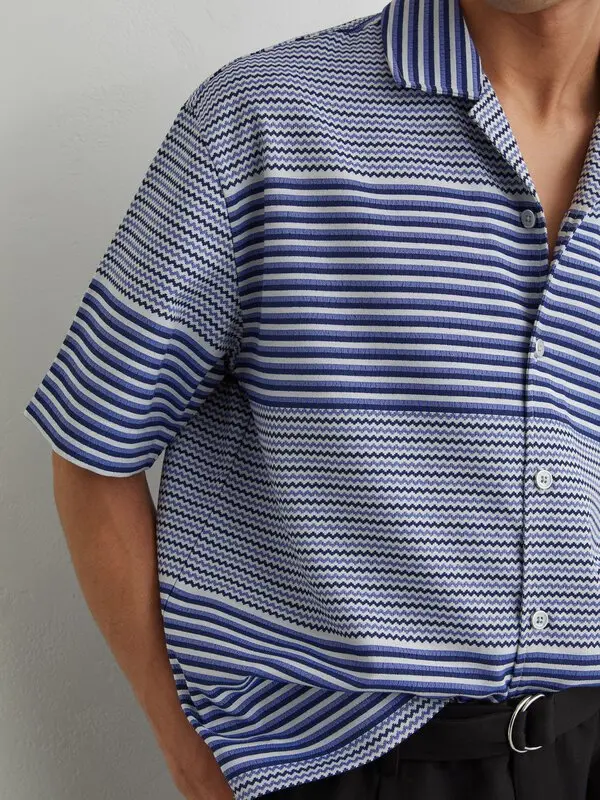 REISS Solstice Striped Cuban-collar Shirt With Cotton - Bright Blue