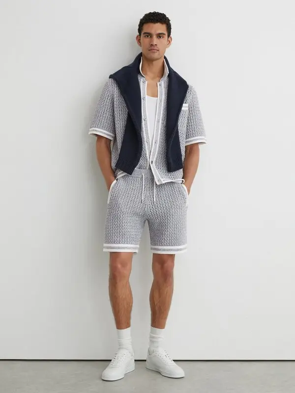 REISS Cotton Crochet Drawstring Shorts - Soft Blue