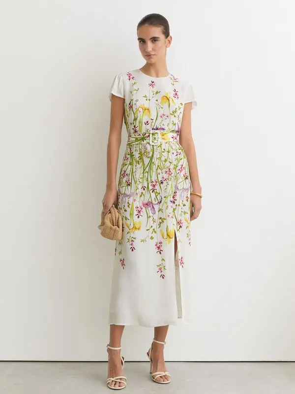 REISS Lyra Floral-print Belted Midi Dress - Cream/yellow