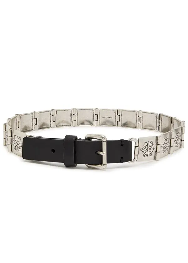 Etro Engraved-link Leather Belt - Silver