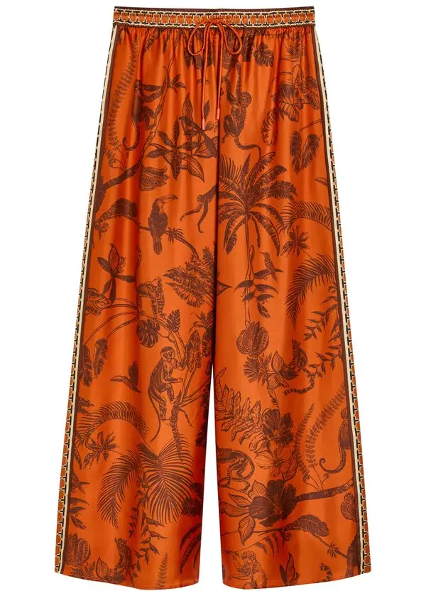 ALEMAIS Alémais Monkey Dance Printed Wide-leg Silk Trousers - Rust