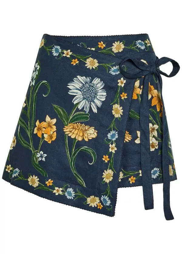 Agua Bendita Luna Floral-print Linen Mini Wrap Skirt - Multicoloured