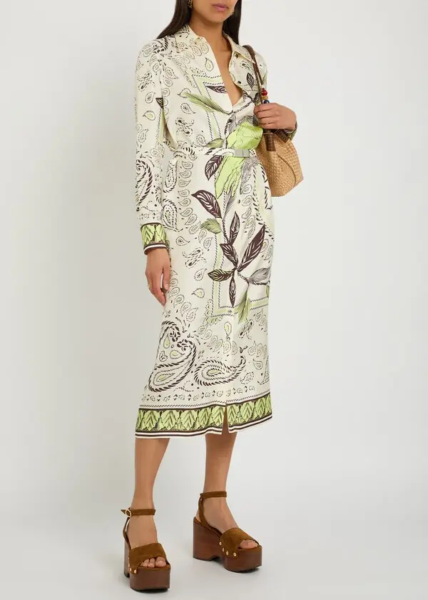 Tory Burch Printed Belted Silk Midi Shirt Dress - Multicoloured