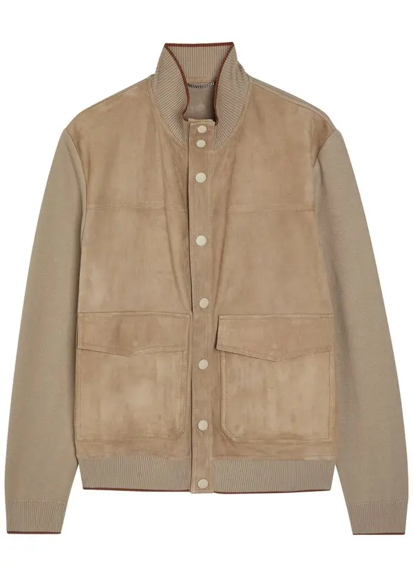 Canali Panelled Suede And Ribbed-knit Jacket - Stone