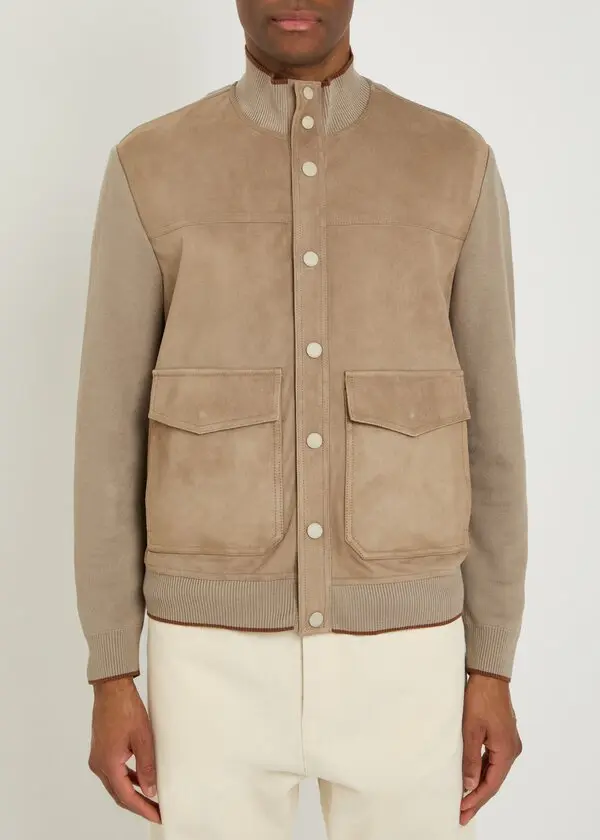 Canali Panelled Suede And Ribbed-knit Jacket - Stone