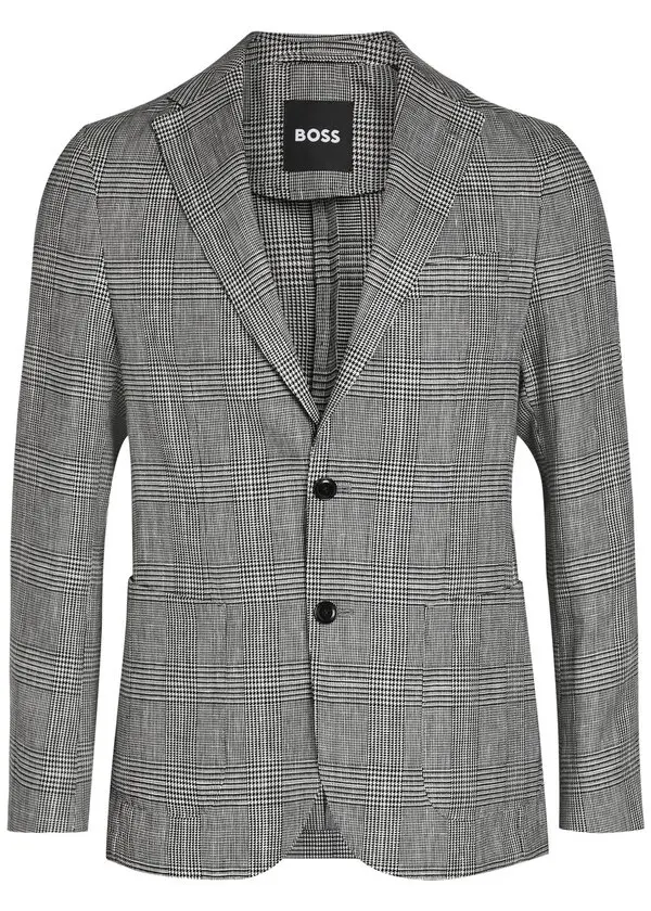 BOSS Hanry Checked Cotton And Linen-wool Blazer - Grey