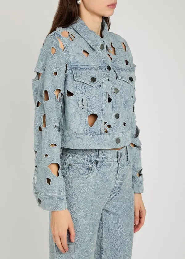 Alice + Olivia Chloe Embroidered Cut-out Denim Cropped Jacket - Blue