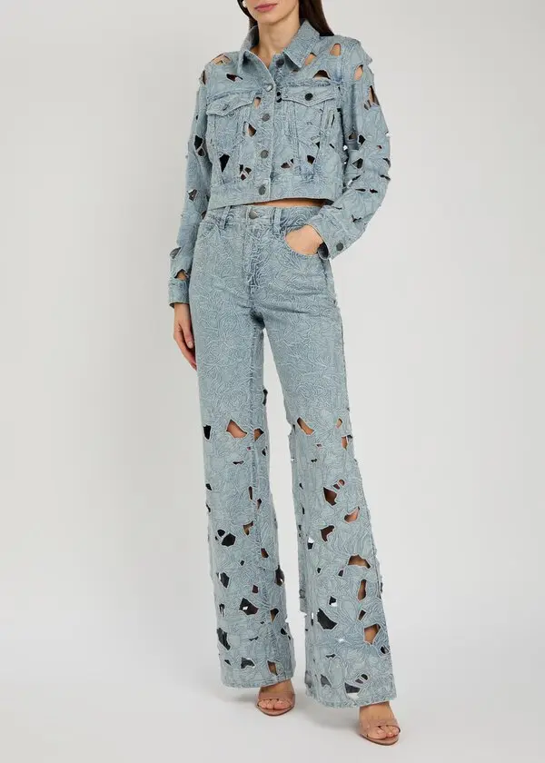 Alice + Olivia Chloe Embroidered Cut-out Denim Cropped Jacket - Blue