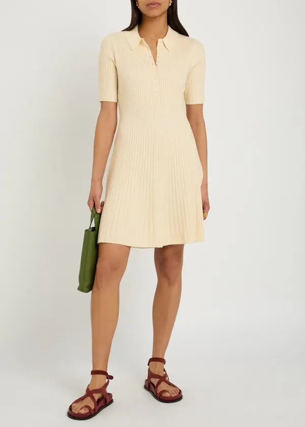 Paige Ribbed Knit Mini Polo Dress - Beige