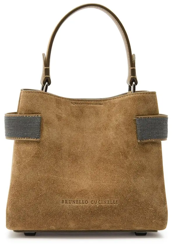 Brunello Cucinelli Mini Bead-embellished Suede Top Handle Bag - Dark Brown