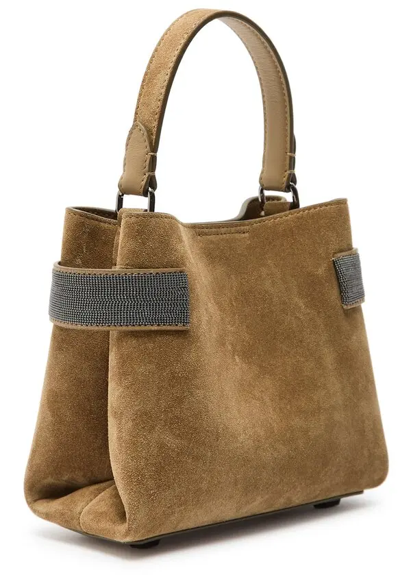 Brunello Cucinelli Mini Bead-embellished Suede Top Handle Bag - Dark Brown