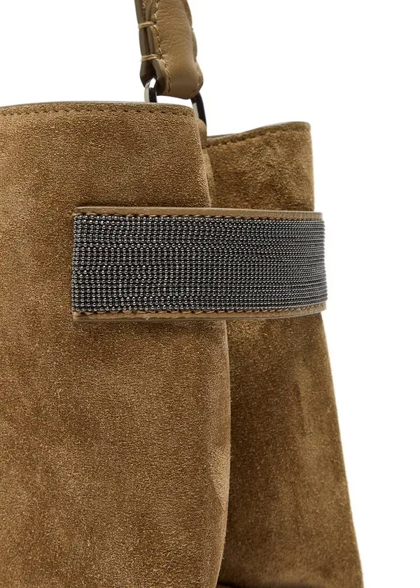Brunello Cucinelli Mini Bead-embellished Suede Top Handle Bag - Dark Brown