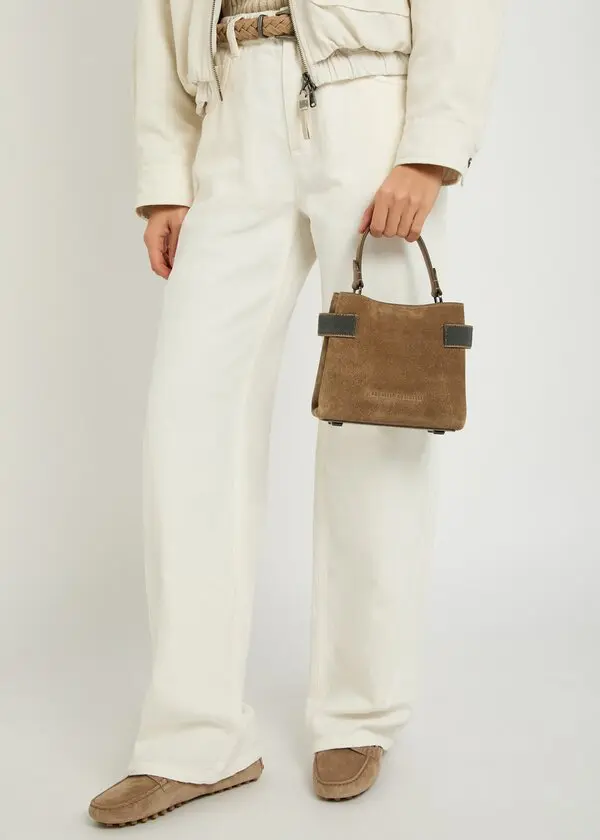 Brunello Cucinelli Mini Bead-embellished Suede Top Handle Bag - Dark Brown