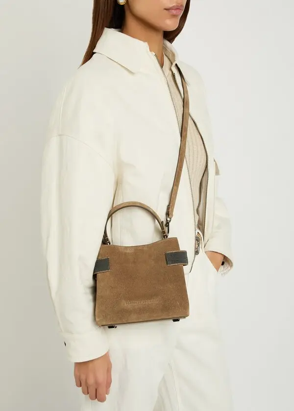 Brunello Cucinelli Mini Bead-embellished Suede Top Handle Bag - Dark Brown