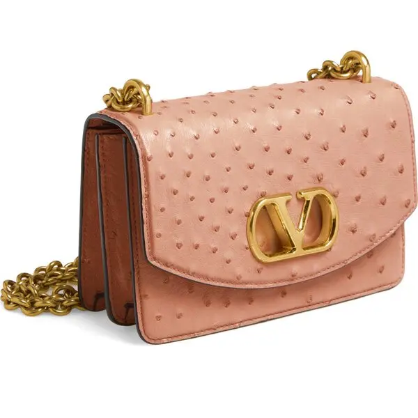 Valentino Garavani Small Devain Ostrich Leather Shoulder Bag - Pink