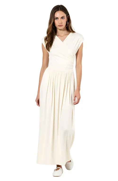 MODENAIRE Sleeveless Faux Wrap Maxi Dress With Shirred Waist And Flowy Skirt - Ivory