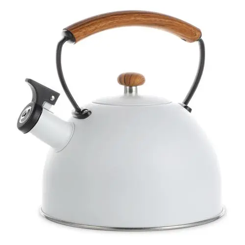 MEGACHEF 3.2 Quart Whistling Tea Kettle With Wood Grain Nylon Cool Touch Handle - Matte White