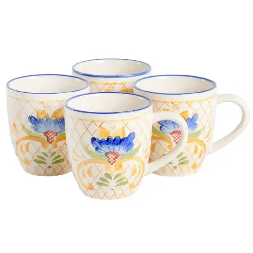 LAURIE GATES Tierra Tile 4 Piece 17.4 Ounce Hand Painted Stoneware Mug Set