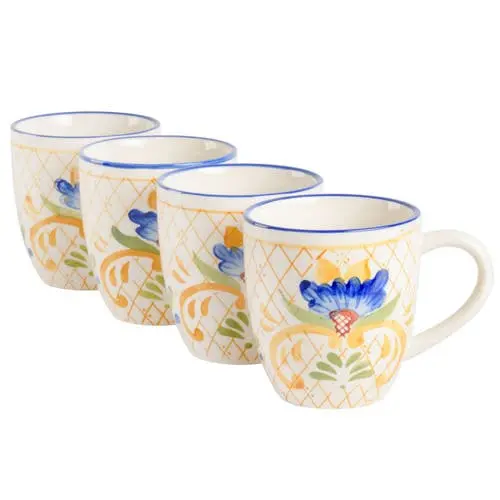LAURIE GATES Tierra Tile 4 Piece 17.4 Ounce Hand Painted Stoneware Mug Set