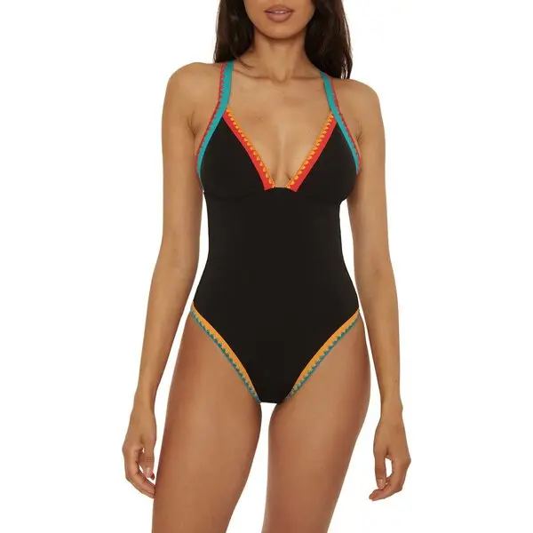 Lucky Brand Avila Embroidered Trim Colorblock One-piece Swimsuit - Black