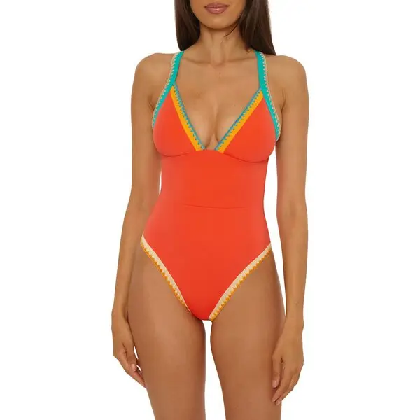 Lucky Brand Avila Embroidered Trim Colorblock One-piece Swimsuit - Scarlet