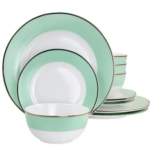 MARTHA STEWART Gold Rimmed 12 Piece Fine Ceramic Dinnerware Set - Mint