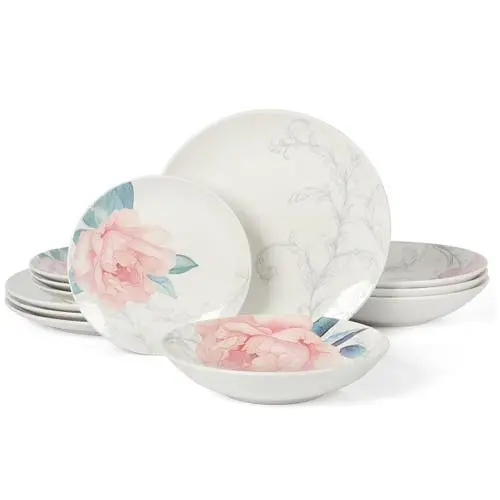 MARTHA STEWART Peony 12 Piece Round Fine Ceramic Dinnerware Set - White And Pink