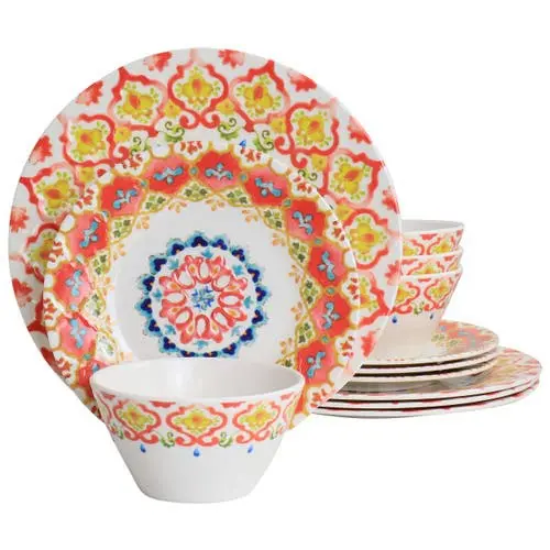LAURIE GATES California Designs Tamayo 12 Piece Melamine Dinnerware Set - Multi-color