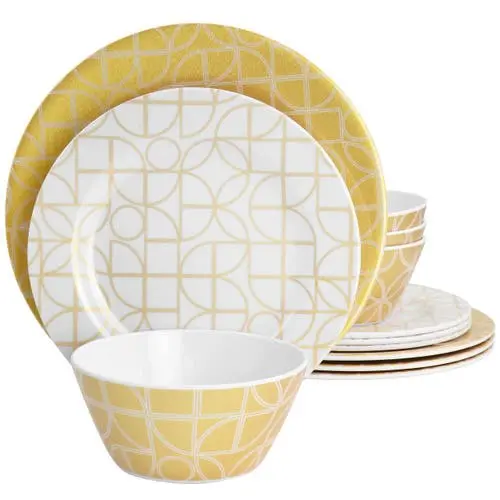 LAURIE GATES California Designs Summer Bloom 12 Piece Melamine Dinnerware Set - Gold