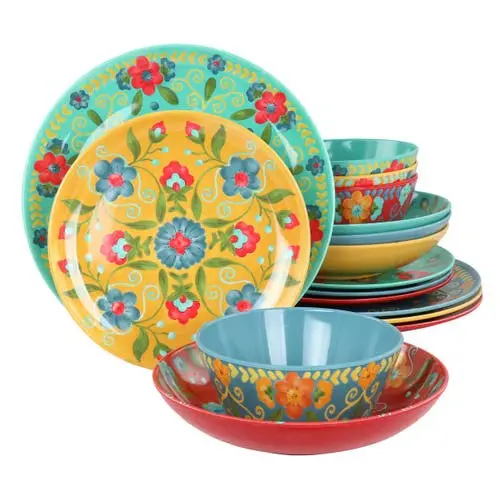 LAURIE GATES California Designs Elena Amour 16 Piece Floral Round Melamine Dinnerware Set - Multi