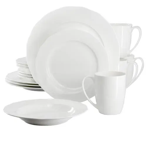 MERITAGE Eva 16 Piece Wavy Edge Bone China Dinnerware Set - White