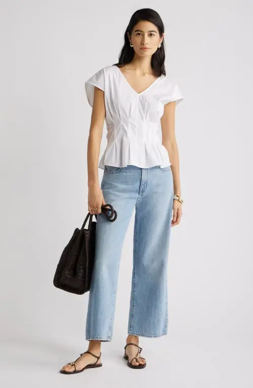 Nordstrom Pleated V-neck Poplin Top - White