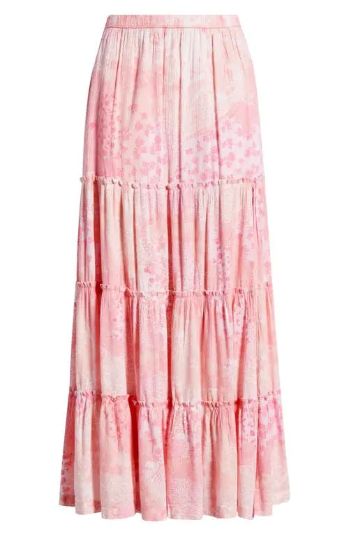 Bp. Tiered Linen Blend Crinkled Gauze Maxi Skirt - Pink Flora Paisley