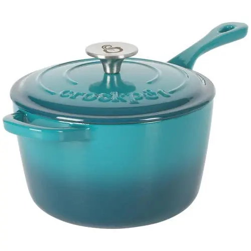 CROCK-POT Artisan 3 Quart Enameled Cast Iron Saucepan With Lid - Teal And Silver