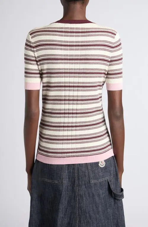Moncler Stripe Rib Short Sleeve Cotton Sweater - White/beige