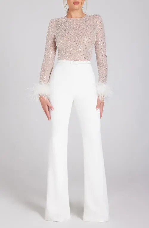 NADINE MERABI Amelia Sequin Flare Leg Jumpsuit - White