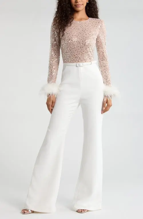 NADINE MERABI Amelia Sequin Flare Leg Jumpsuit - White