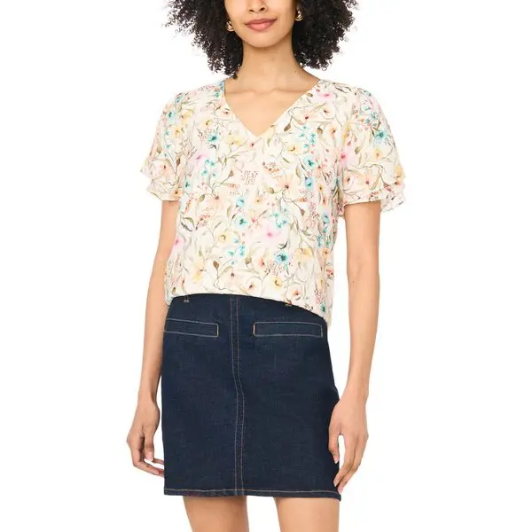 Vince Camuto Printed Tulip Sleeve Top - Antique White
