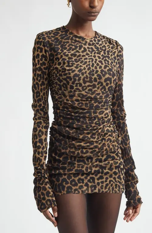 Saint Laurent Print Ruched Long Sleeve Minidress