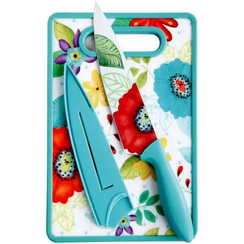 STUDIO CALIFORNIA Jordana 3 Piece Cutlery Knife And Cutting Board Set Floral Pattern - Turquoise