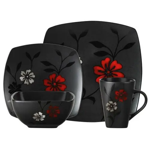 GIBSON ELITE 16-piece Evening Blossom Dinnerware Set - Black And Red