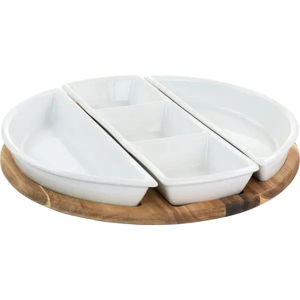 GIBSON ELITE Gracious Dining 4 Piece Fine Ceramic Sectional Tray Set With Acacia Wood Base - White