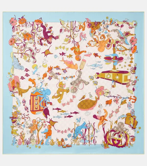Gucci Gg Printed Silk Twill Scarf - Blue