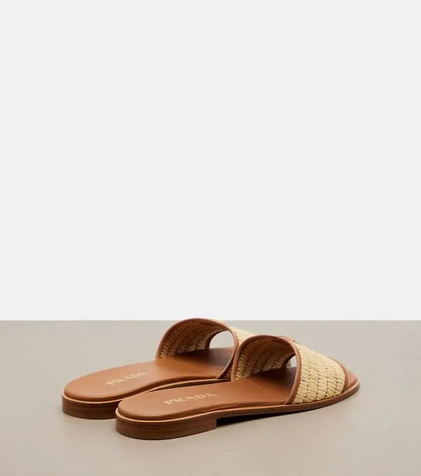 Prada Leather And Raffia Open Toe Slides