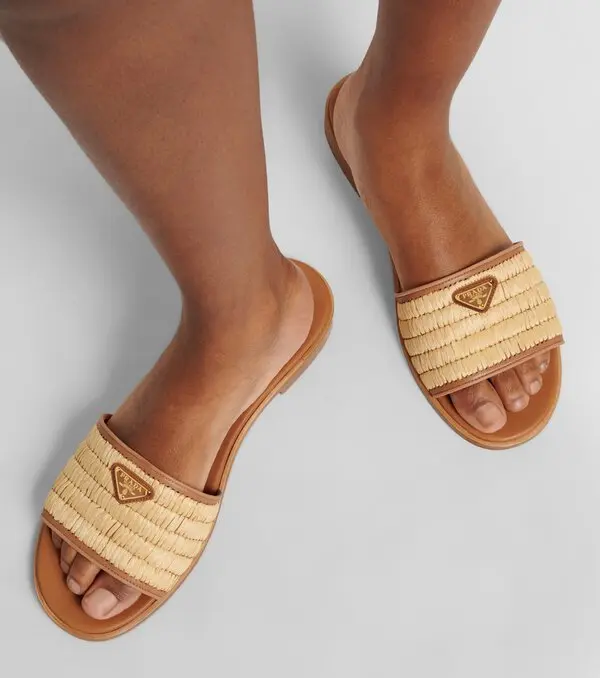 Prada Leather And Raffia Open Toe Slides