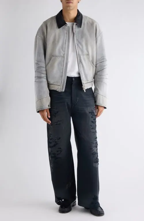 Acne Studios Faded Denim Jacket With Leather Collar - White/black