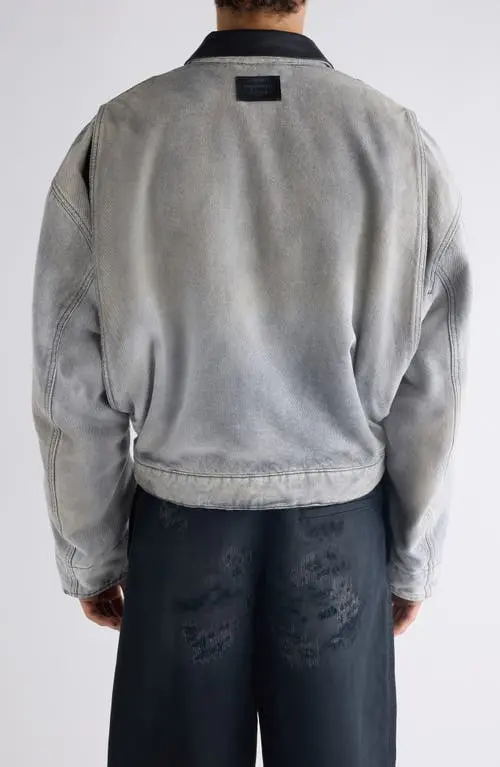 Acne Studios Faded Denim Jacket With Leather Collar - White/black